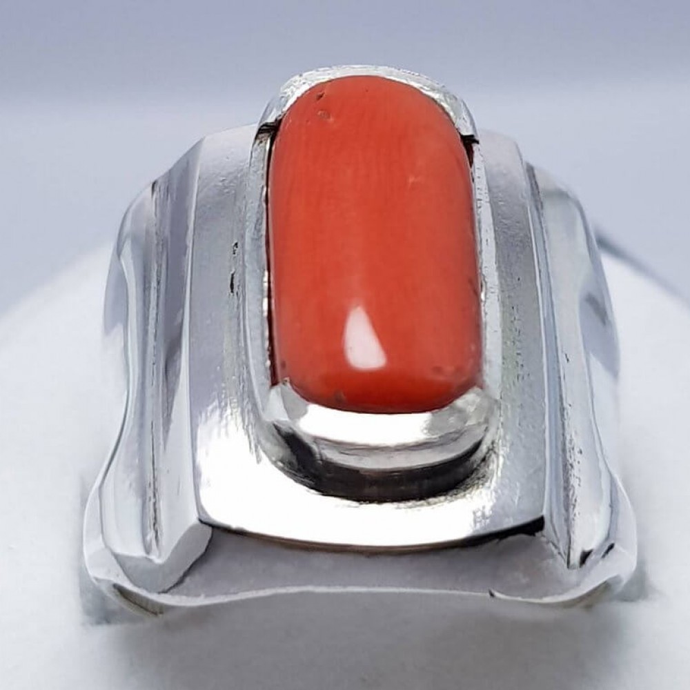 Natural Dark Deep Red Coral Marjan Ring – Handmade Islamic Silver Ring ...